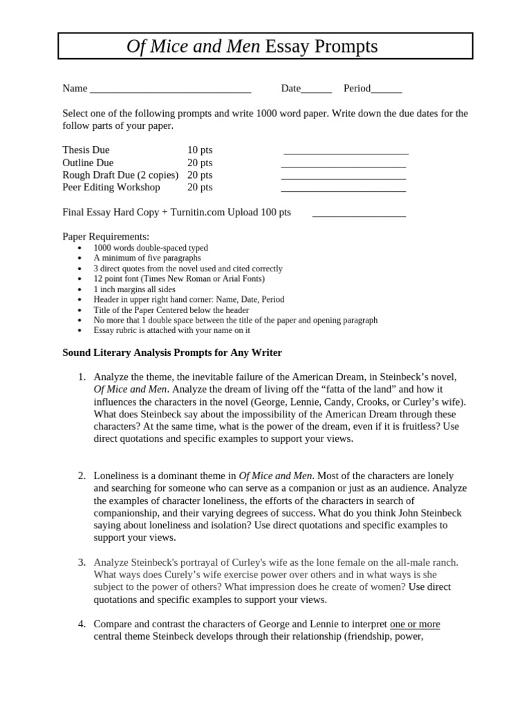 Of Mice and Men Essay Prompts Guide | PDF | Essays | Linguistics