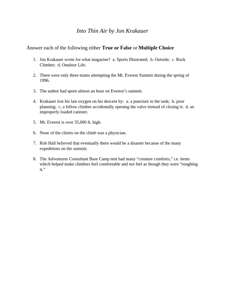Into Thin Air by Jon Krakauer: Answer Each of The Following Either or | PDF