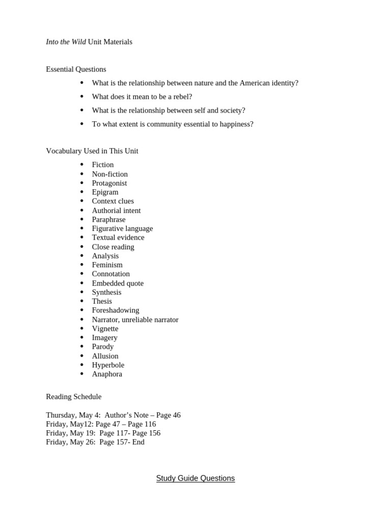 Into the Wild Unit Study Guide | PDF