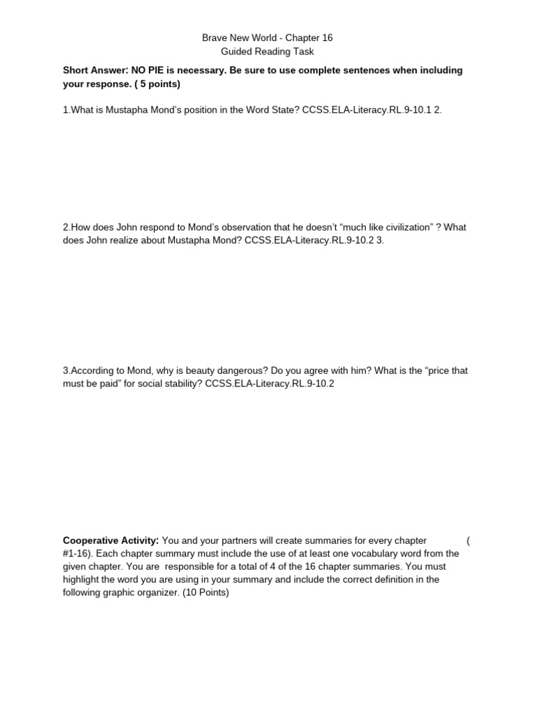 Guided Reading for Brave New World Ch. 16 | PDF