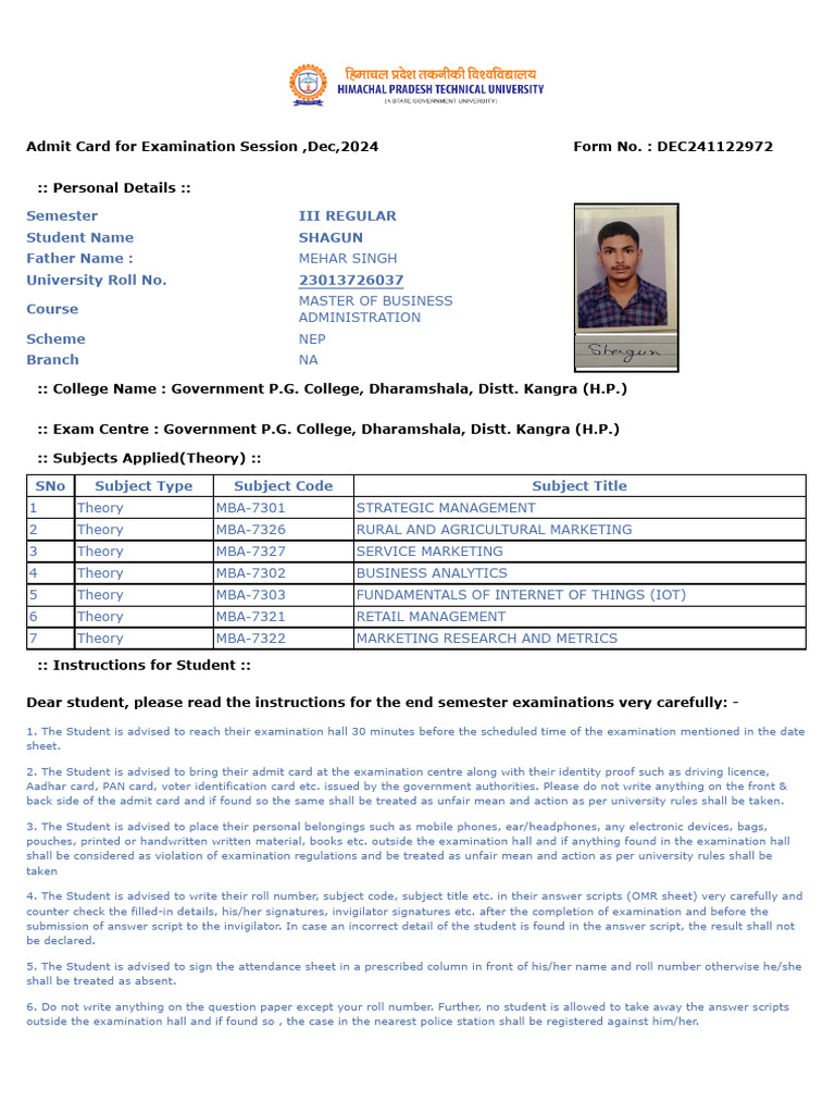 Admit Card Sem 3 | PDF