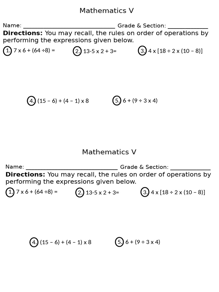 Math 5 Quarter 1 PEMDAS | PDF
