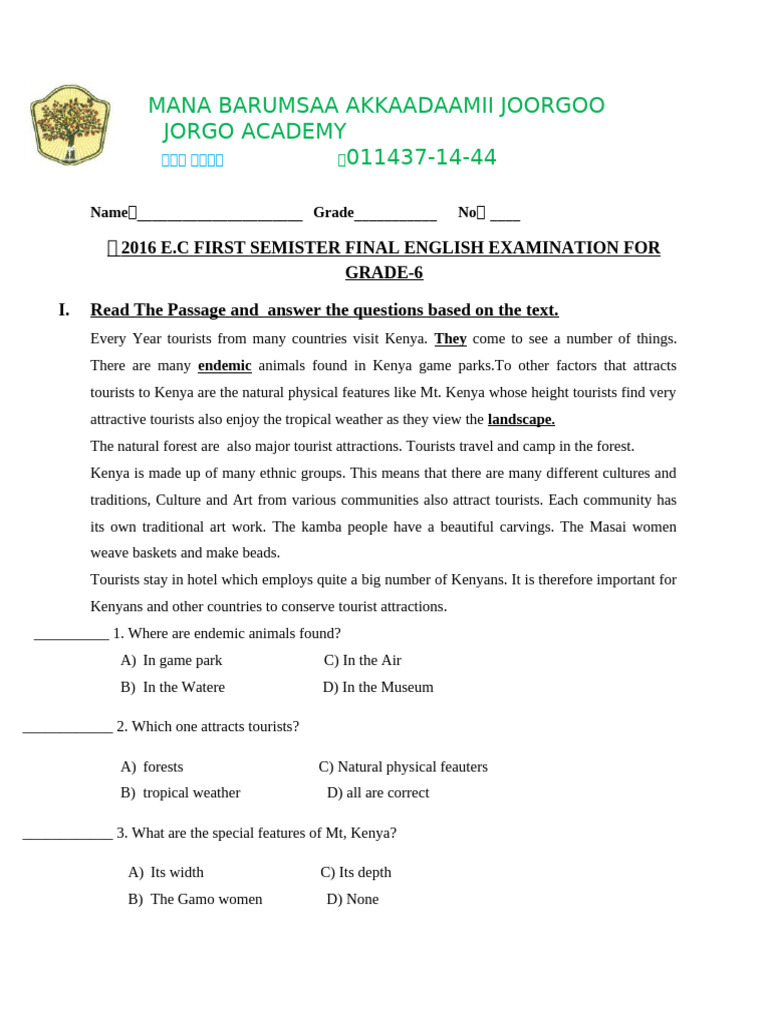 English Grade 6 1st Sem - Final Exam | PDF | Giraffe | Kenya