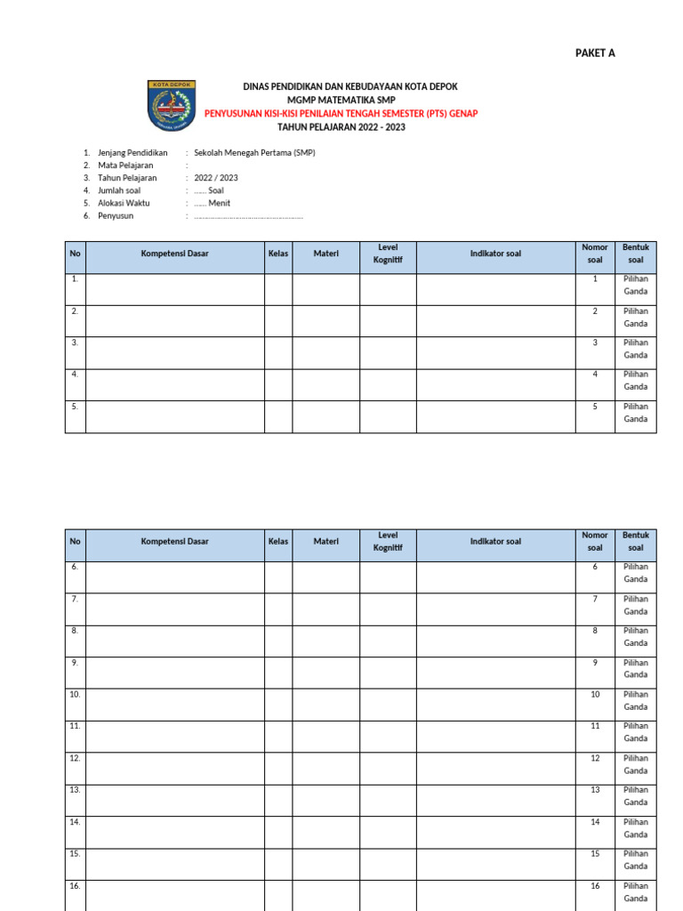 Format Kisi-Kisi PTS Genap | PDF
