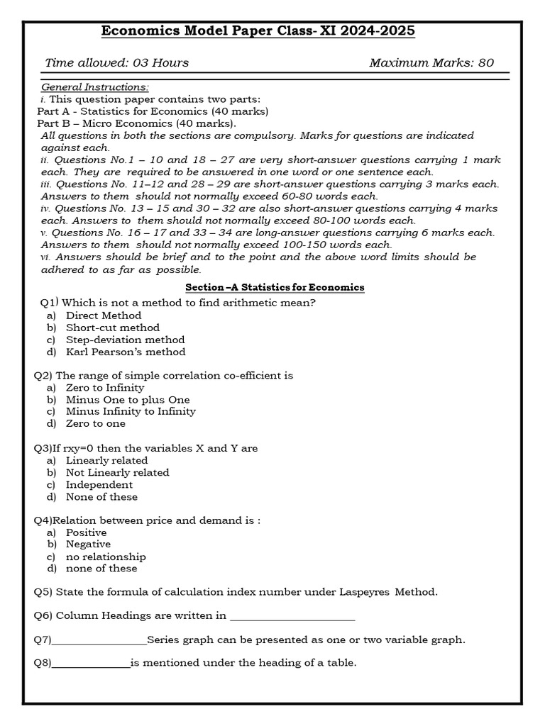Economics Model Paper Class XI 2024-2025 | PDF | Demand | Economic ...