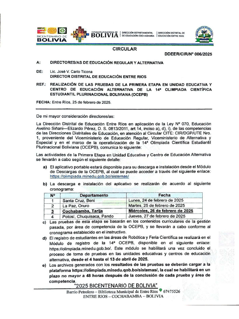 CIRCULAR #006 - 2025 14a Olimpiadas Científicas Estudiantiles Plurinacionales Boliviana 2025 | PDF