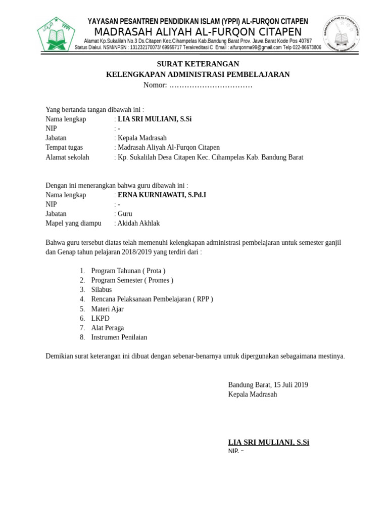 Surat Keterangan Administrasi Pengelolaan Pembelajaran | PDF
