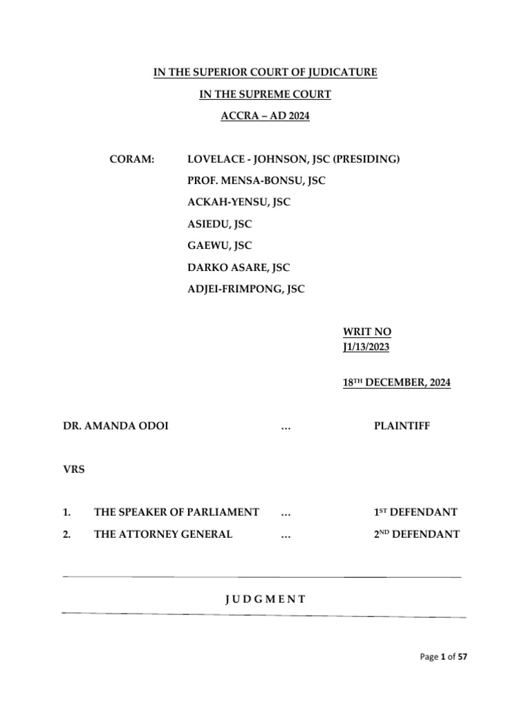 Odoi Vrs The Speaker of Parliament Anor (j1132023) 2024 Ghasc 62 (18 ...
