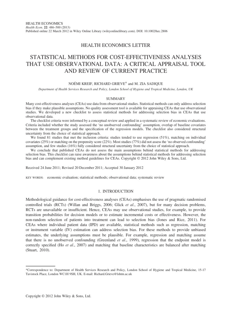 Health Economics - 2012 - Kreif - STATISTICAL METHODS FOR COST EFFECTIVENESS ANALYSES THAT USE ...