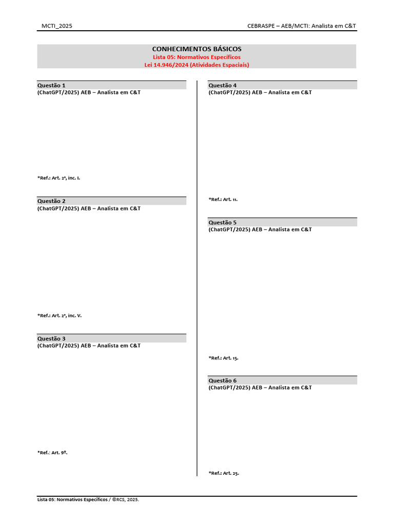 5 Lista Ce1 Lei 14.946 2024 Aeb 2025 | PDF | Desperdício | Detritos espaciais