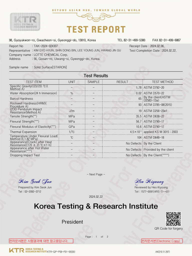 Lotte Chemical Solid Surface Test Report | PDF | Hardness | Materials