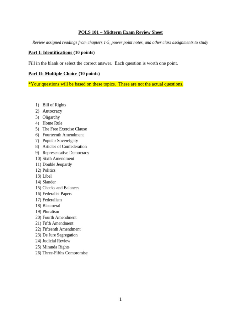 POLS 101 - Midterm Review Sheet | PDF