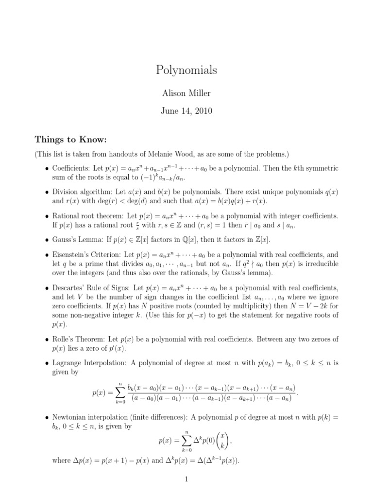 Polynomials - Alison Miller - MOP 2010 | PDF | Polynomial | Applied Mathematics