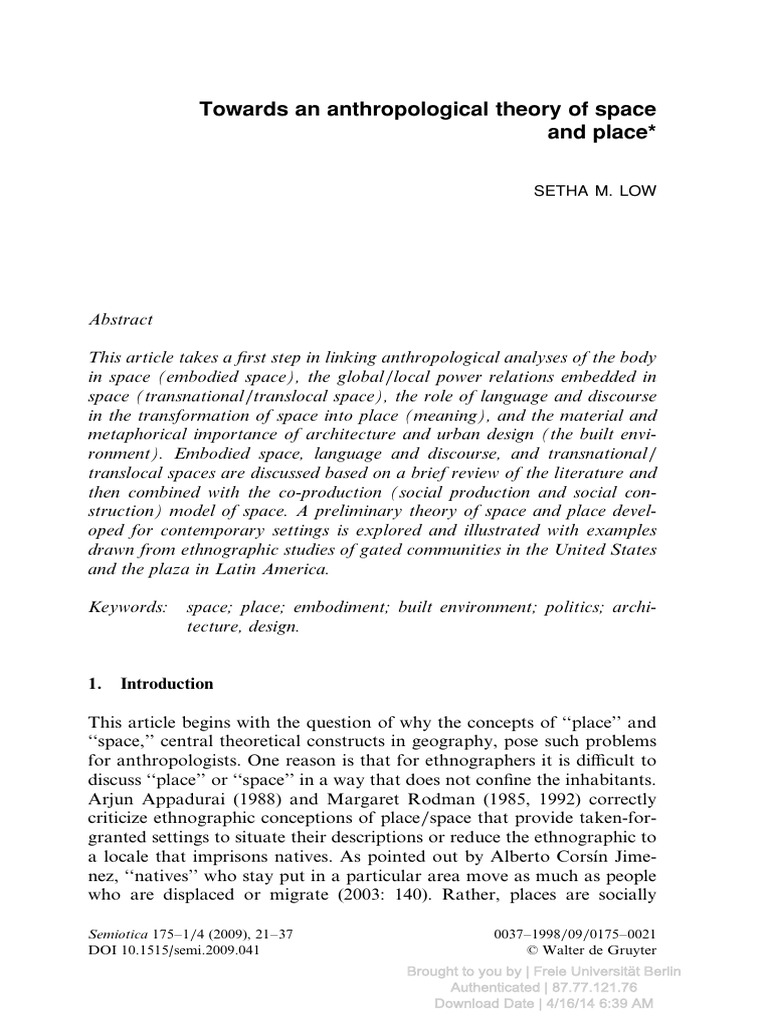 Towards An Anthropology of Space and Place, Setha Low | PDF | Space ...