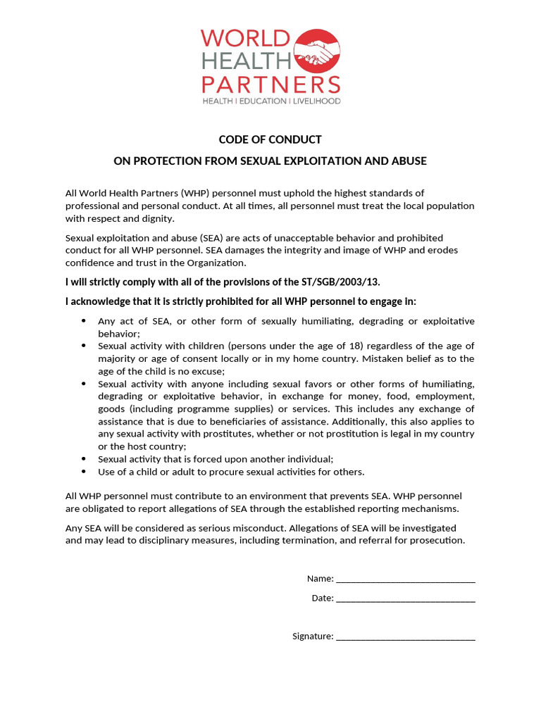 WHP Code of Conduct on SEA Prevention | PDF