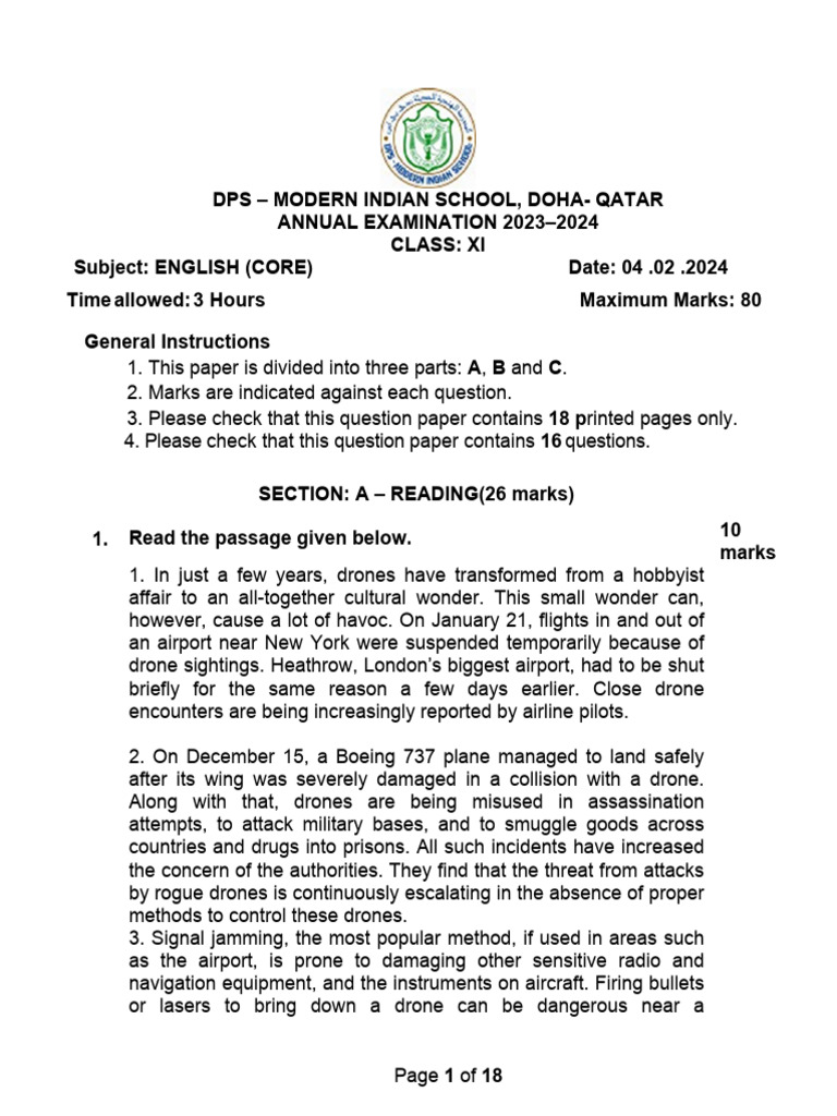 Class 11 English Annual QP (2023-24) | PDF | Sleep | Unmanned Aerial Vehicle