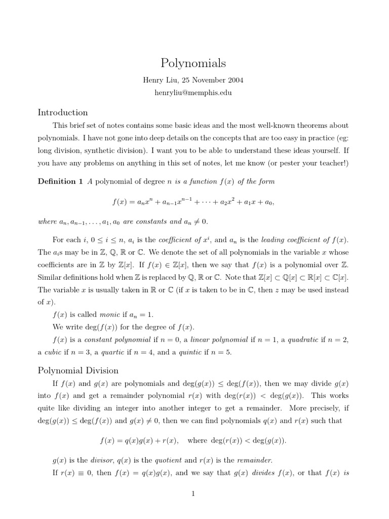 Polynomials - Henry Liu - UKMT Mentoring 2004 | PDF | Polynomial | Algebra