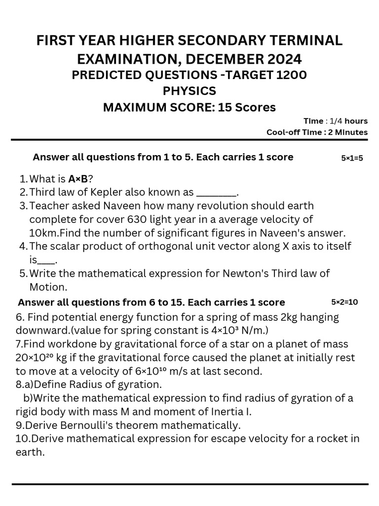 FIRST YEAR HIGHER SECONDARY TERMINAL EXAMINATION, DECEMBER Predictions ...