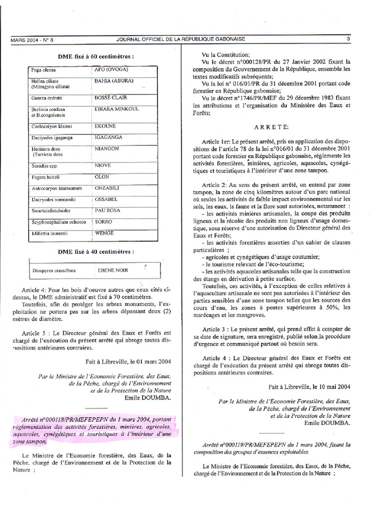 1 - Arrêté N° 000118 Reglémente Activités Dans Zone Tampon Parc - Mars 2004 | PDF