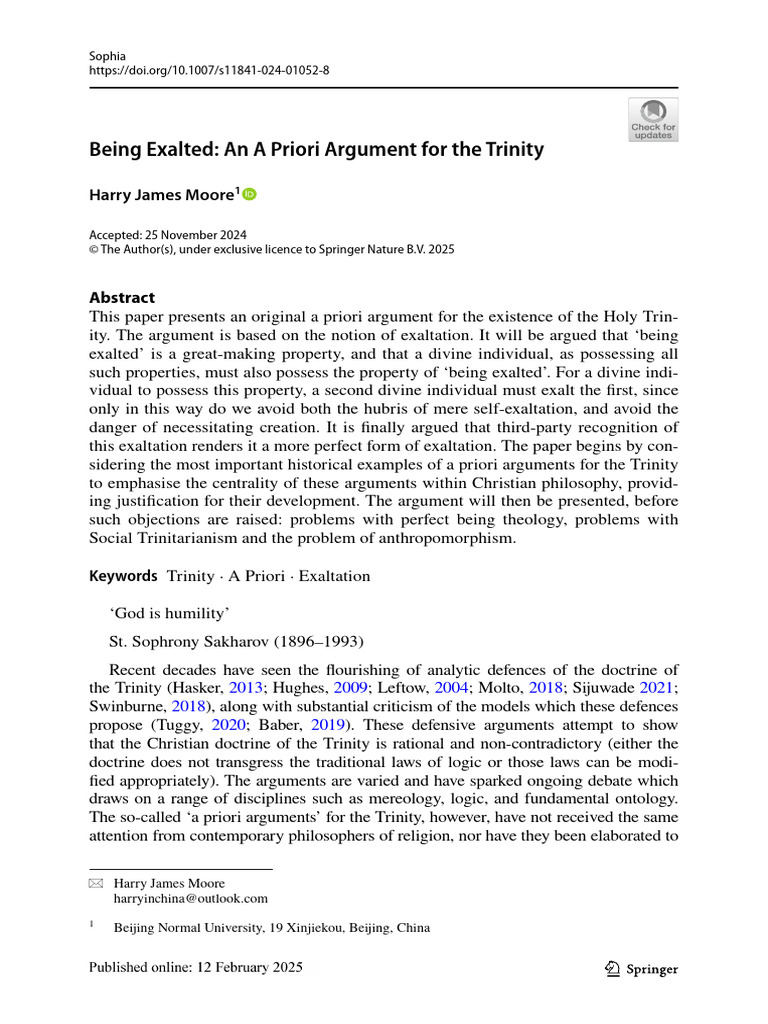 Being Exalted - An A Priori Argument For The Trinity (Moore, Sophia ...