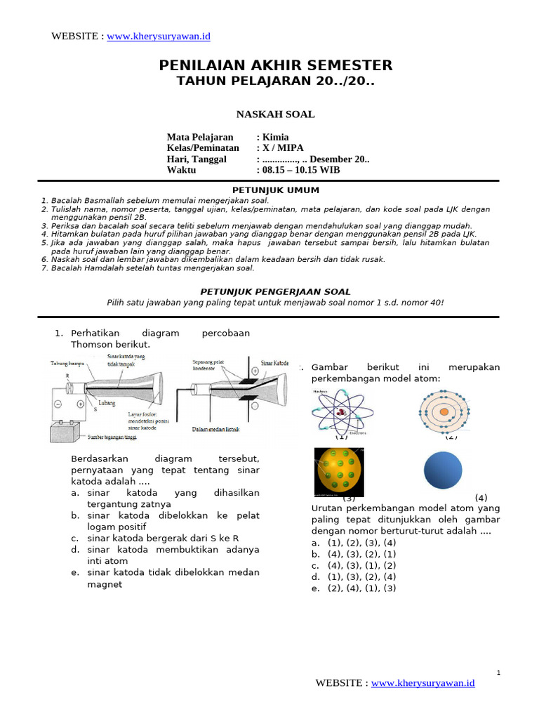 Soal PAS Kimia Kelas X - WEBSITE WWW - Kherysuryawan.id | PDF