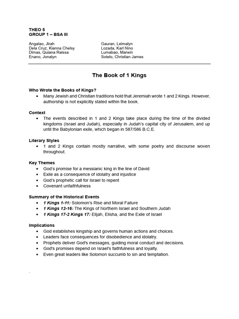 The Book of 1 Kings BSA 3 Group 1 | PDF
