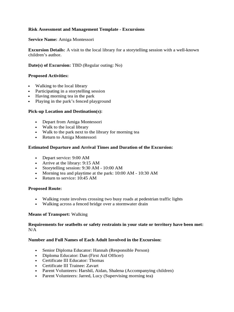 Montessori Library Excursion Plan | PDF | Risk | Risk Assessment
