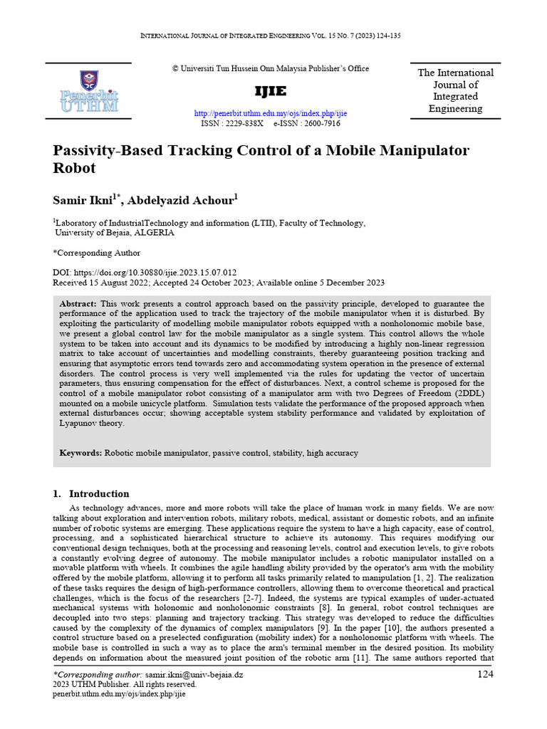 PassivityBased Tracking Control of a Mobile Manipulator Robot 2023 Penerbit UTHM | PDF | Control ...