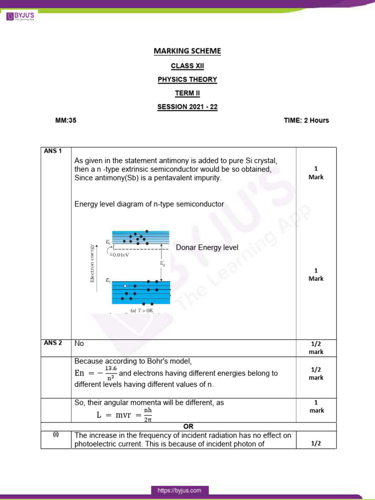 Class XII Physics Marking Scheme | PDF | Photoelectric Effect ...