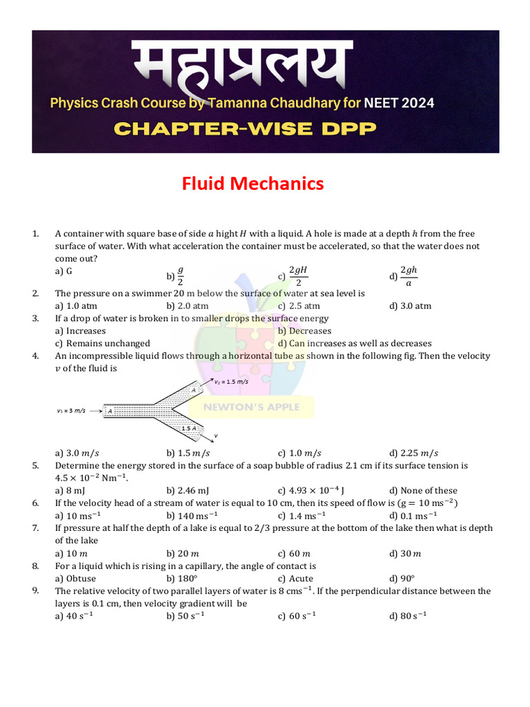 Mahapralay DPP - Fluid Mechanics | PDF | Pressure | Liquids