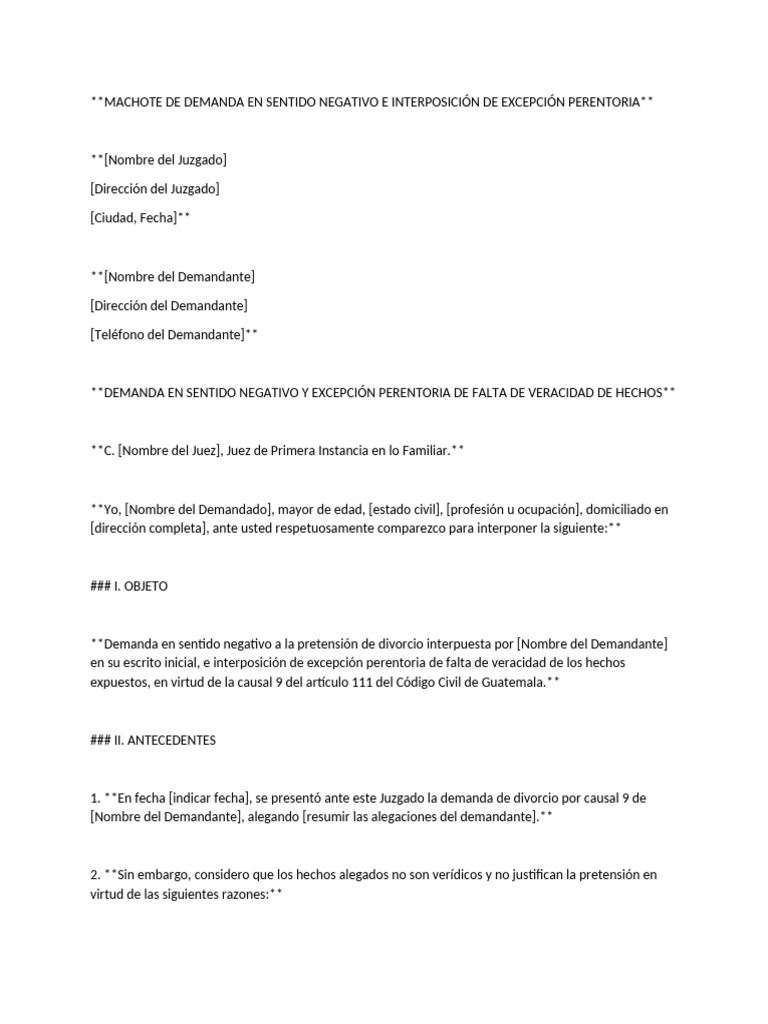 Demanda Negativa y Excepción Perentoria | PDF | Demanda judicial | Divorcio