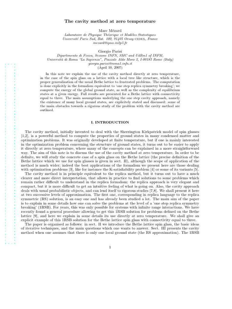 The Cavity Method at Zero Temperature | PDF | Physics | Mathematics
