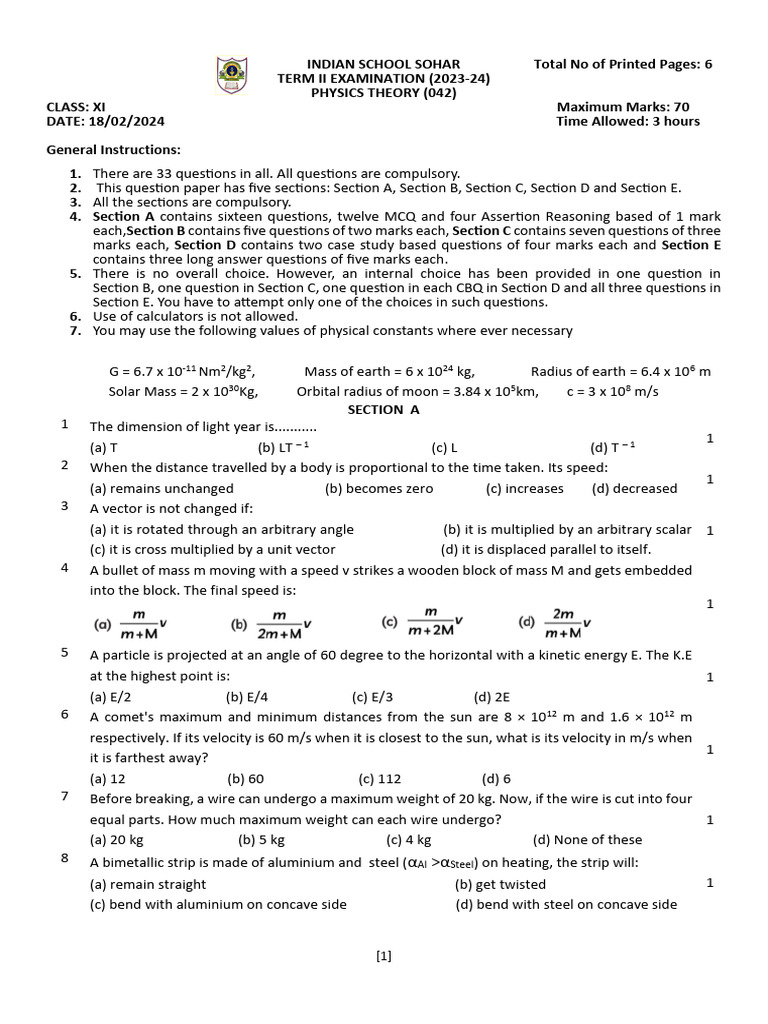 Class XI Physics Term II Exam Paper | PDF | Velocity | Waves