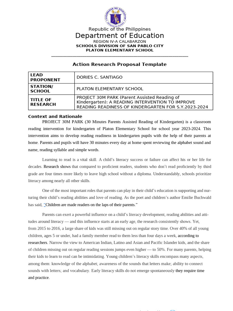 Action Research Proposal Dories c. Santiago Platon Es | PDF | Literacy ...