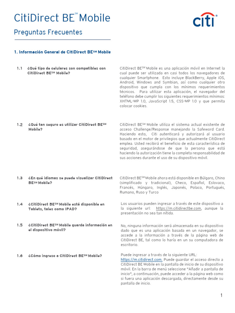 Preguntas Frecuentes CitiDirect BE Mobile | PDF | Smartphone | Citibank