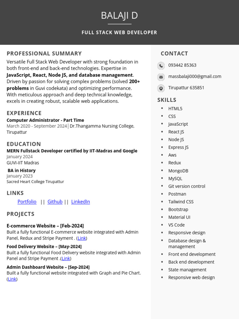 Balaji Resume Mern Developer 2025 | PDF | Computing | Software Engineering