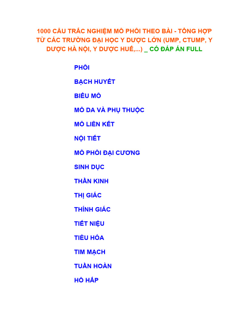 123doc 1000 Cau Trac Nghiem Mo Phoi y Duoc Theo Bai Co Dap an Full | PDF