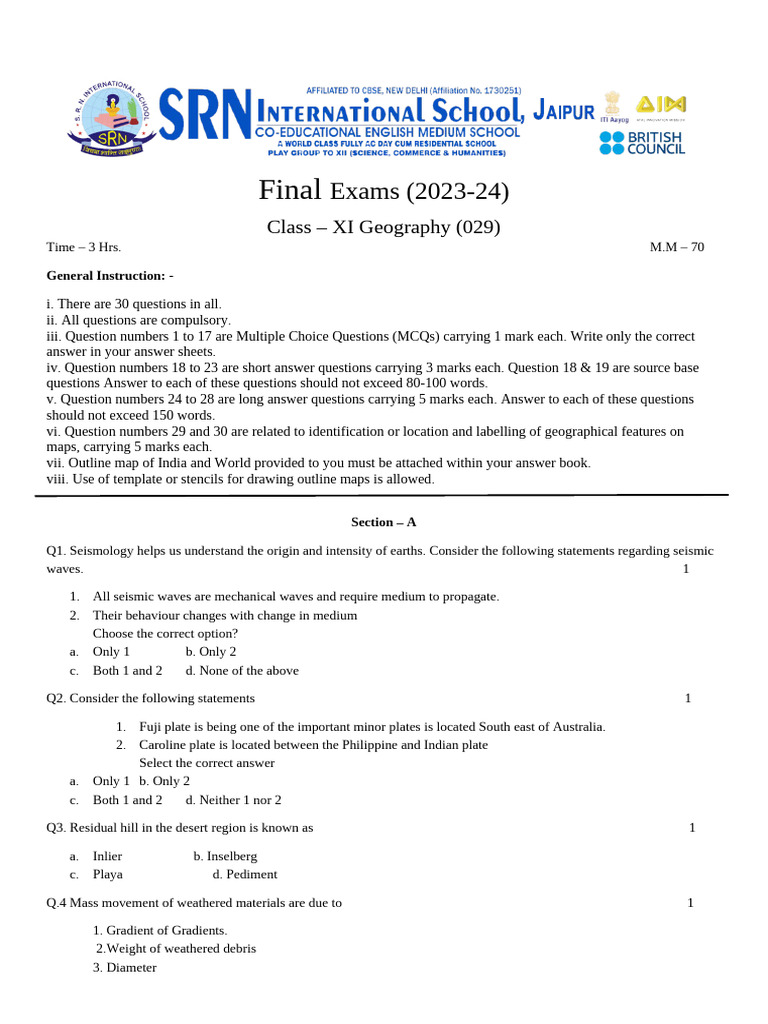 ClASS 11 Final Exam GEOGRAPHY QUESTION PAPER 23-24 | PDF | Earth ...