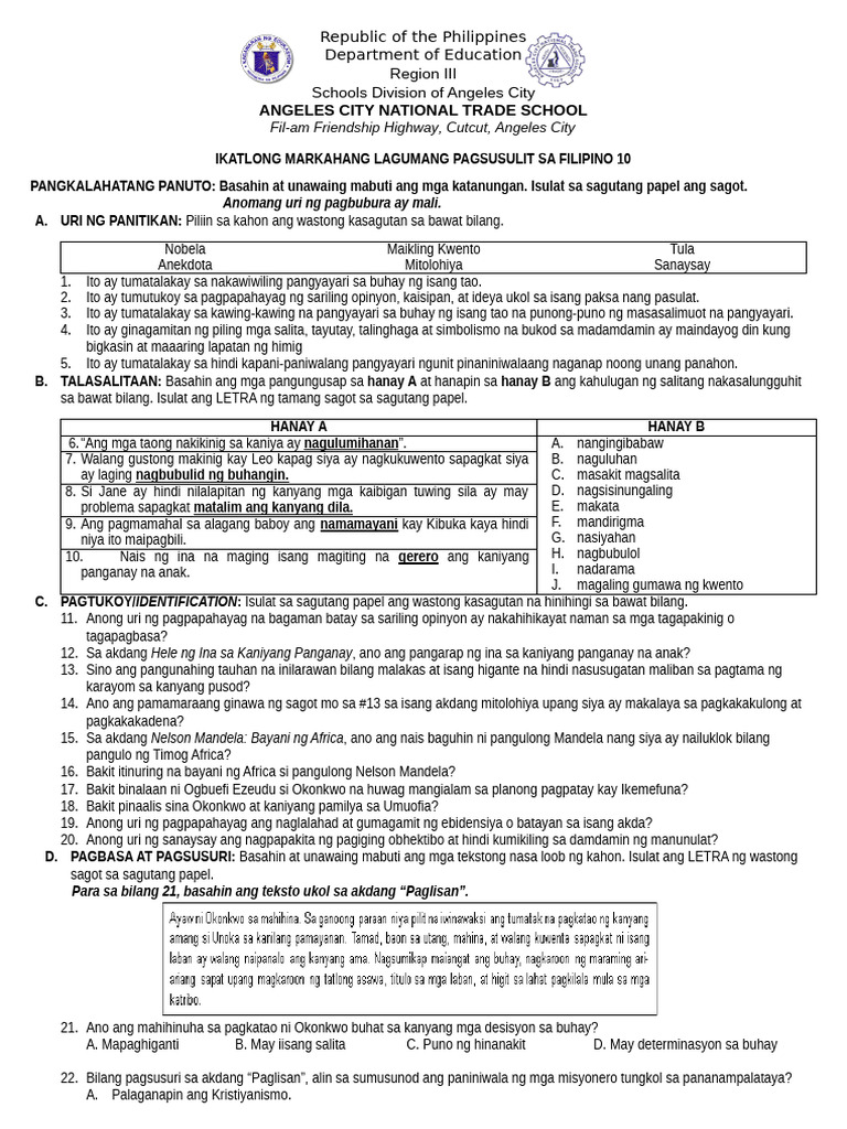 Lagumang Pagsusulit Sa Filipino 10 | PDF