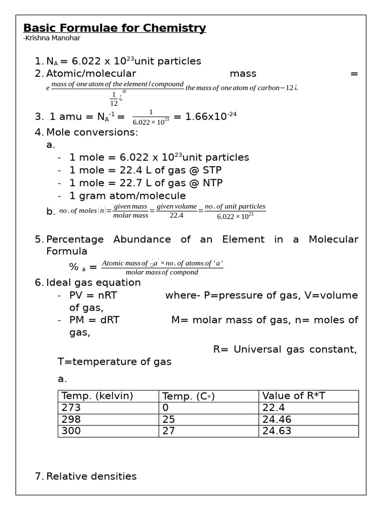 Basic Formulae For Chemistry | PDF | Gases | Mole (Unit)