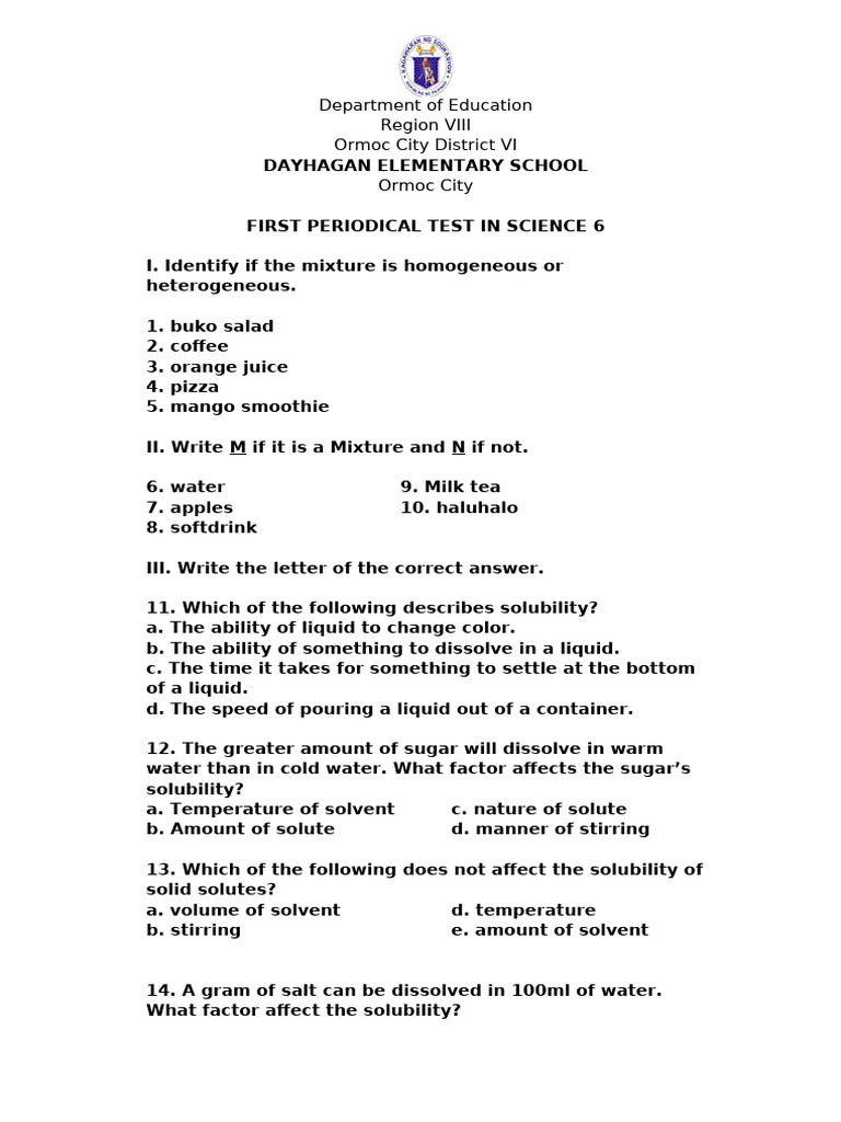 FIRST PERIODICAL TEST SCIENCE 6 | PDF | Mixture | Colloid