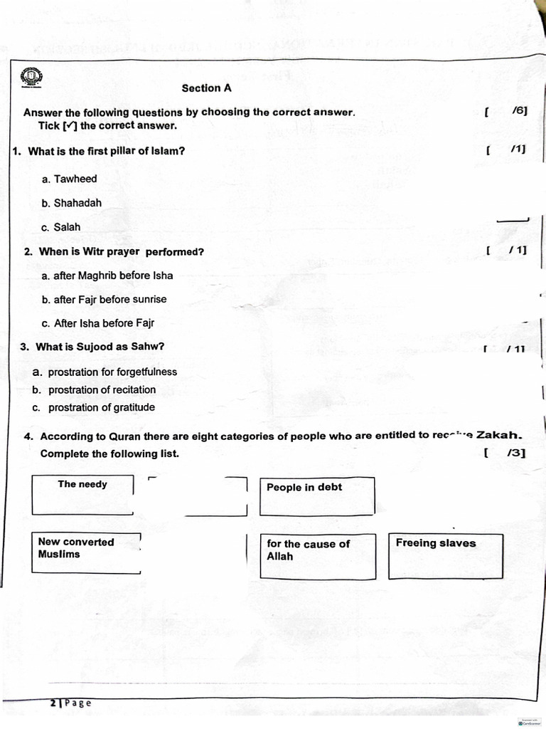 Last Year Islamic Test 2 | PDF