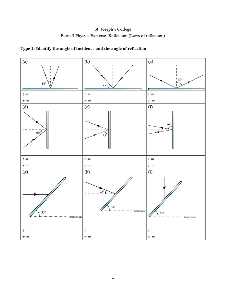 Reflection Exercise (Laws of Reflection) | PDF | Angle | Reflection (Physics)