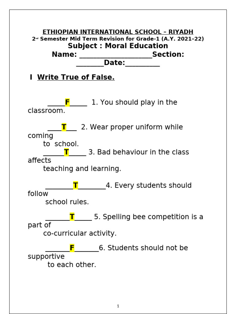 Moral Edu Worksheet (Solved) | PDF