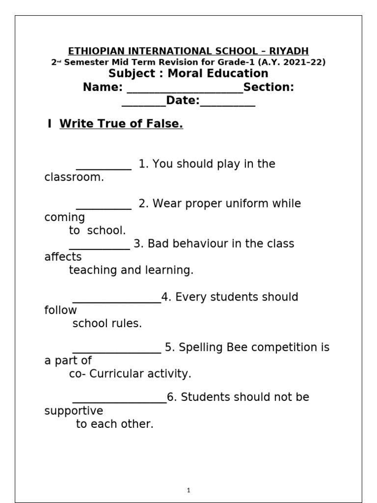 Grade 1 Moral Education Worksheet | PDF