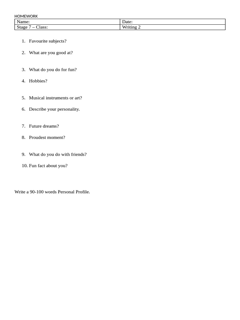 Personal Profile and Sports Homework Guide | PDF