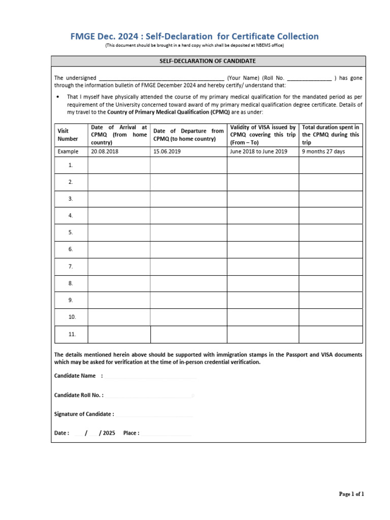 FMGE Dec 2024 Self-Declaration Form | PDF