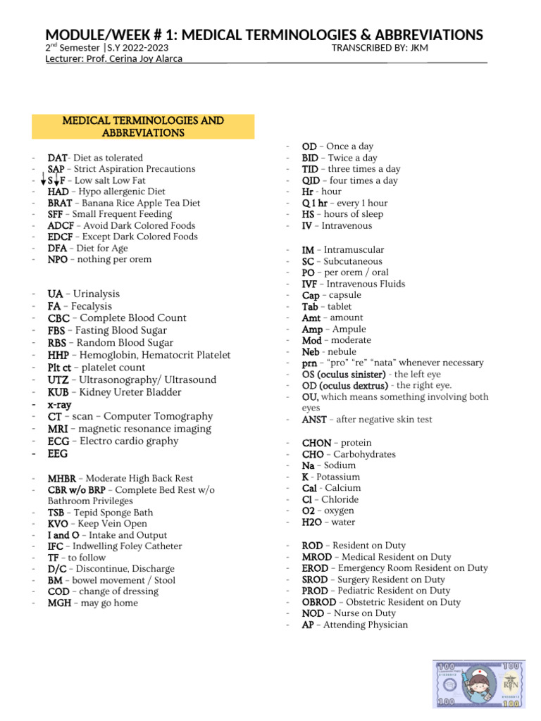 Medical Terminologies and Abbreviations | PDF | Cardiology | Medical Specialties