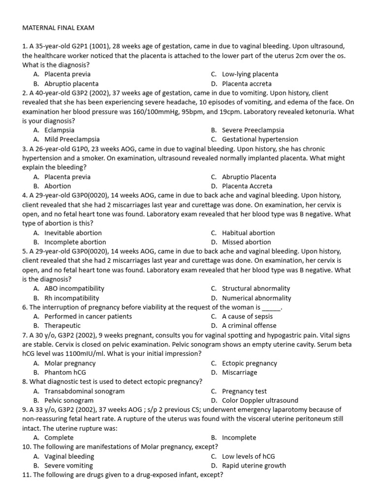 Maternal Final Questions | PDF | Heart | Miscarriage