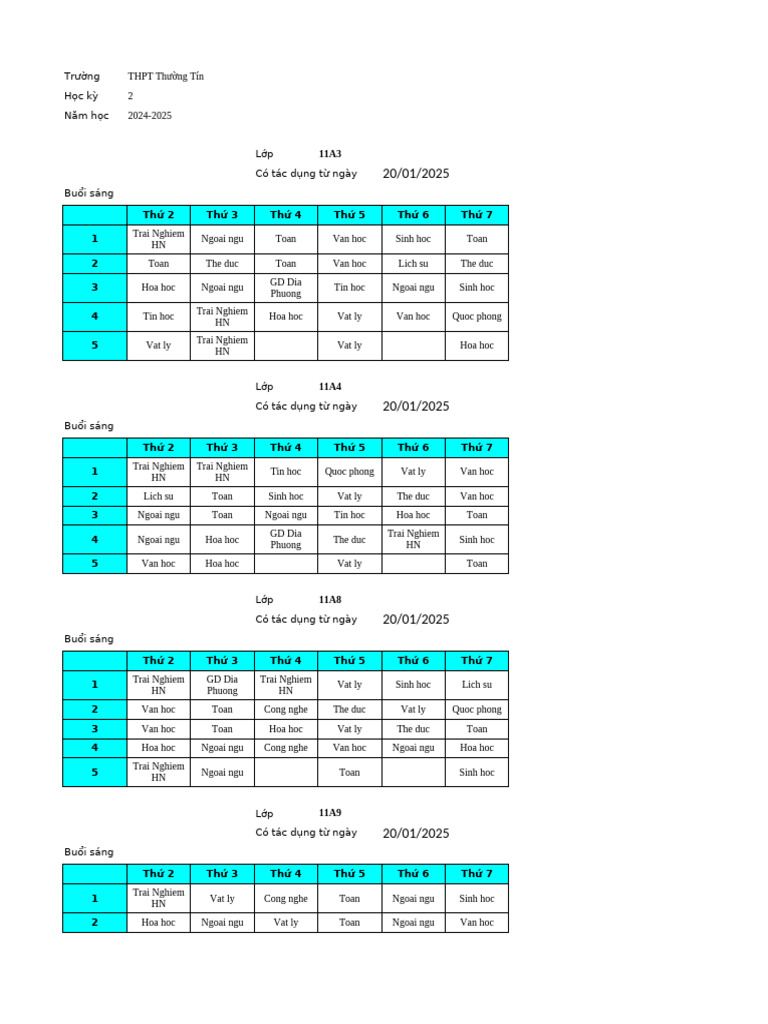 TKB Lop Ap Dung Tu 20-01-2025 | PDF
